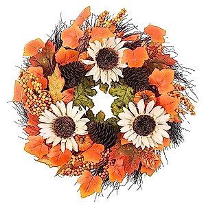 Fall Wreath for Front Door - 20" Autumn Maples Leaf Pumpkin Sunflower Wreath - Thanksgiving Halloween Harvest Home Outdoor Indoor Window Wall Fall Decorations