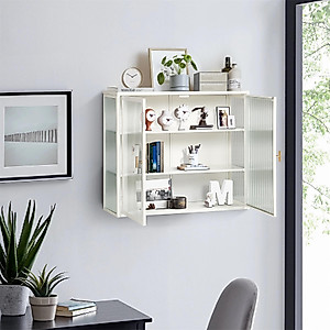 SSLine Modern Metal Medicine Cabinet with Glass Doors Wall-Mount 3-Shelf Bathroom Cabinet with Gold Handles White Accent Storage Cabinet for Bathroom Kitchen Living Room