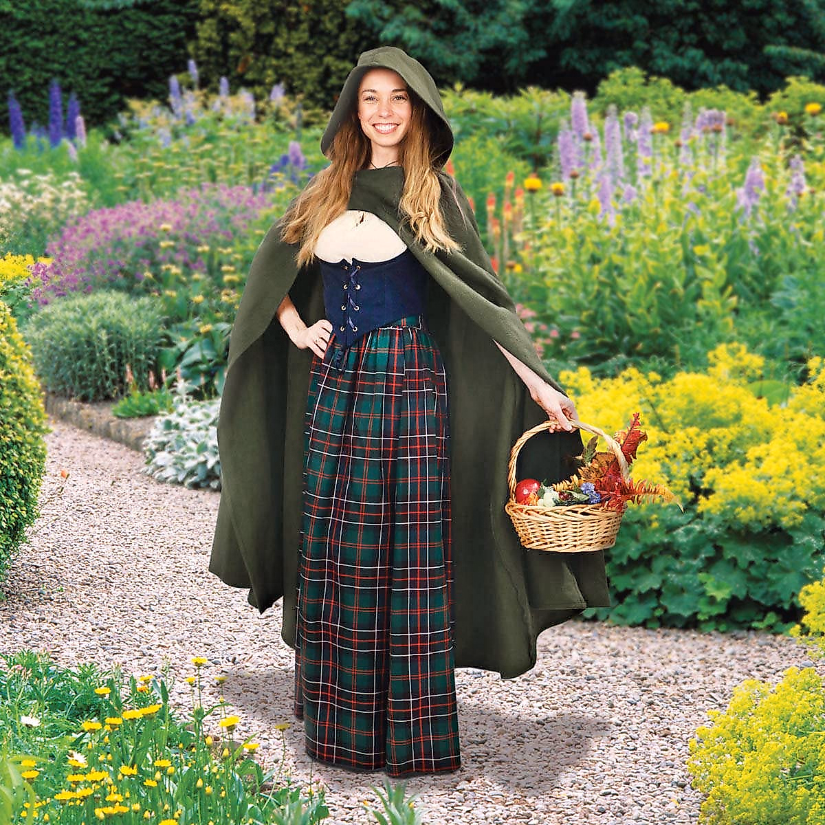 JPXH Renaissance Hooded Cape Witch Cloak with Hood Medieval Halloween Costume-Green