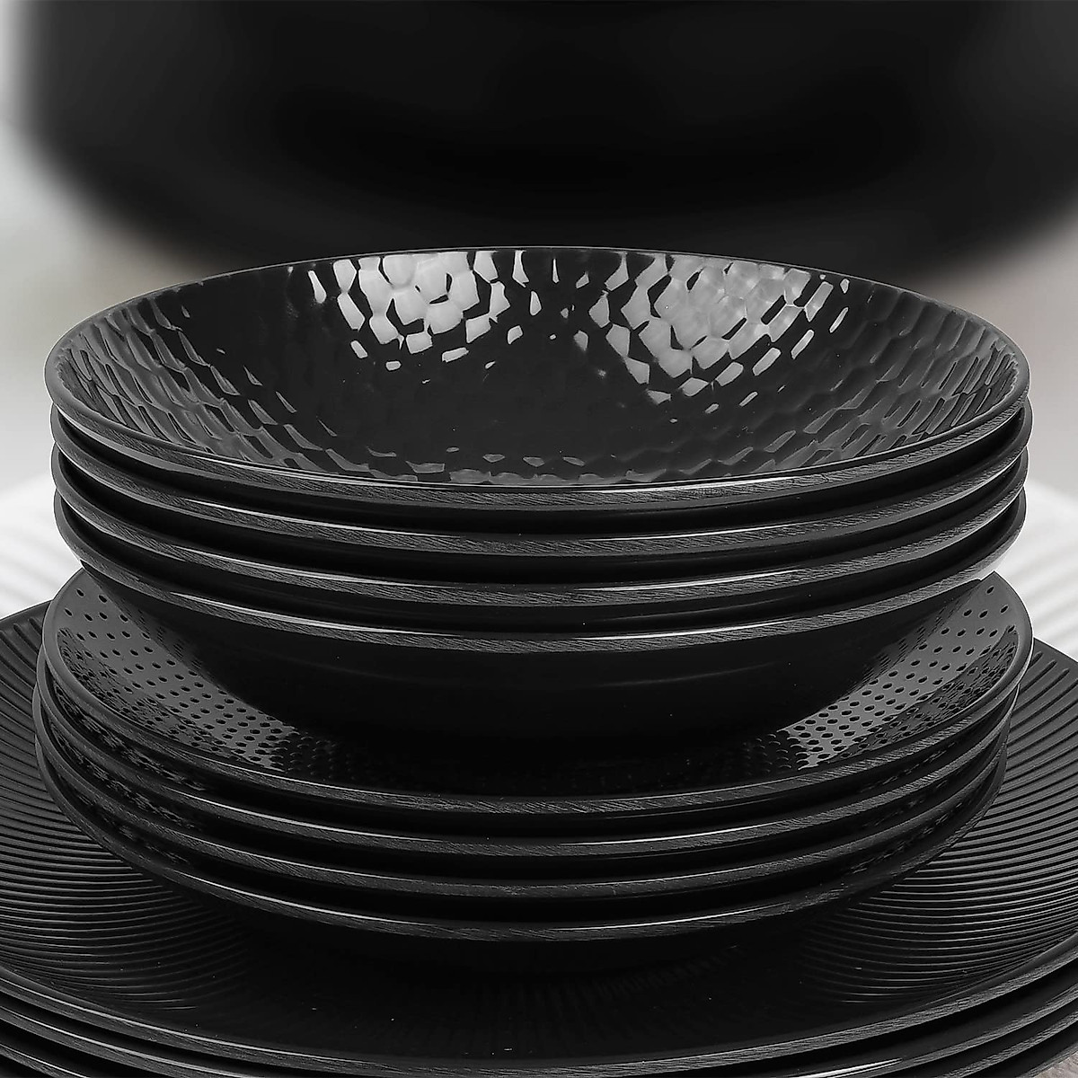afcevnlb Black Dinnerware Sets 12 pcs Melamine Plates and Bowls Sets Round Dinner Set with Plates, Dishes, Bowls and Serving Platters, Kitchen Dinnerware Sets for 4