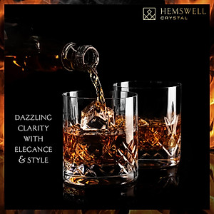 Hemswell Crystal Whisky Glasses Set of 2 11oz - Luxury Cut Glass Whiskey Rock Tumblers for Men - Old Fashioned Glassware Sets for Bourbon and Whisky with Solid Base - Satin Lined Box - Wicklow