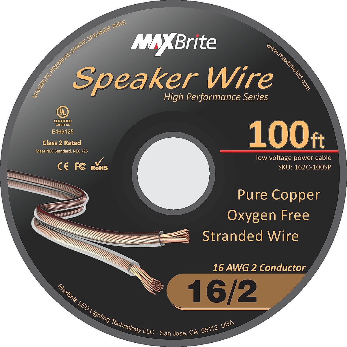 High Performance 16 Gauge Speaker Wire, Oxygen Free Pure Copper - UL Listed Class 2 (50 Feet Spool)