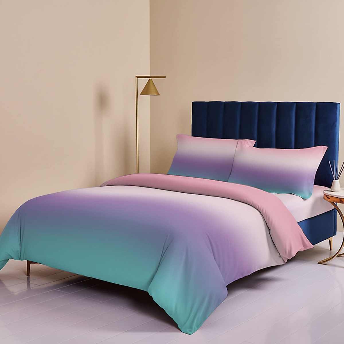 Chucoco Full Duvet Covers Set Pink Purple Teal Color Gradient 4 Pcs Bedding Sets Brushed Microfiber Quilt Covers Lightweight Cozy Flat Sheet with 2 Pillowcases Ombre Colored Abstract Art