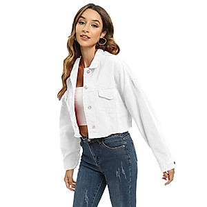 Gacaky Womens Casual Solid Color Ripped Distressed Cropped Denim Jean Jacket Coat With Frayed Hem White S