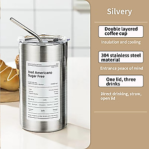 20OZ insulation and cooling ice cream cup, simple office portable car straw water cup, vacuum double-layer coffee cup, 304 stainless steel cold and hot drink travel cup (Silvery)