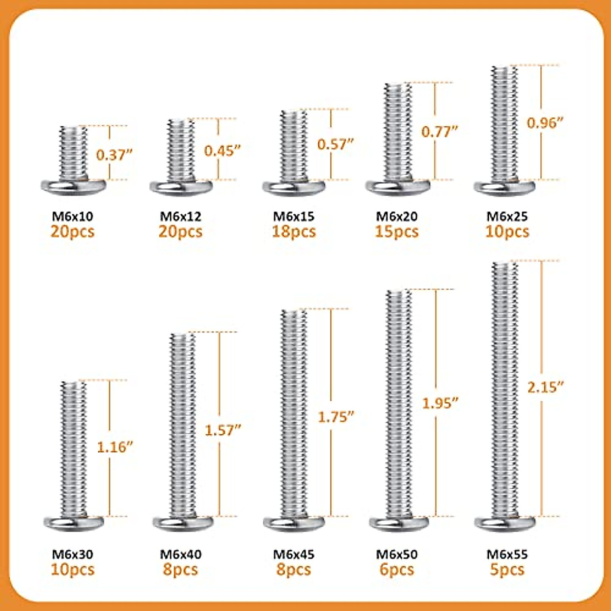 VIGRUE 120pcs Furniture Screws M6 x 10/12/15/20/25/30/40/45/50/55mm Elegant Design Furniture Connecting 304 Stainless Steel, Full Thread, Bright Finish, Machine Thread