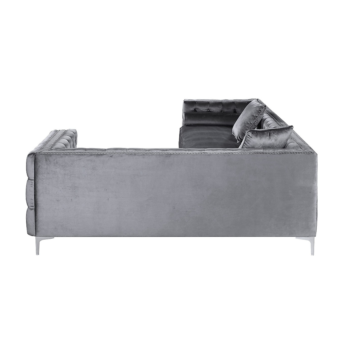 Iconic Home Mozart Elegant Velvet Modern Deeply Tufted with Silver Nailhead Trim Chrome Legs Right Facing Sectional Sofa, Grey