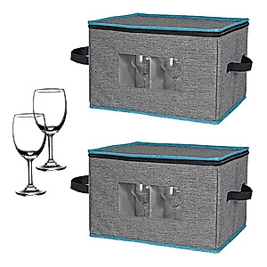 WEJIPP Wine Glass Storage Box with lid,Stemware China Storage Cases Containers Glassware Storage Containers Sets with Dividers and Handles,2 Pack