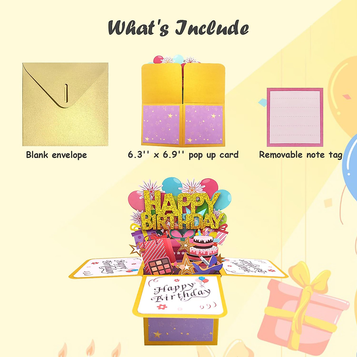 ROBBEAR Funny Happy Birthday Pop Up Card, Sweet 3D Birthday Gift Box for Adults and Kids with Envelopes, Unique Handmade Foldable Celebration Cards for Daughter, Son, Mom, Dad, Friend