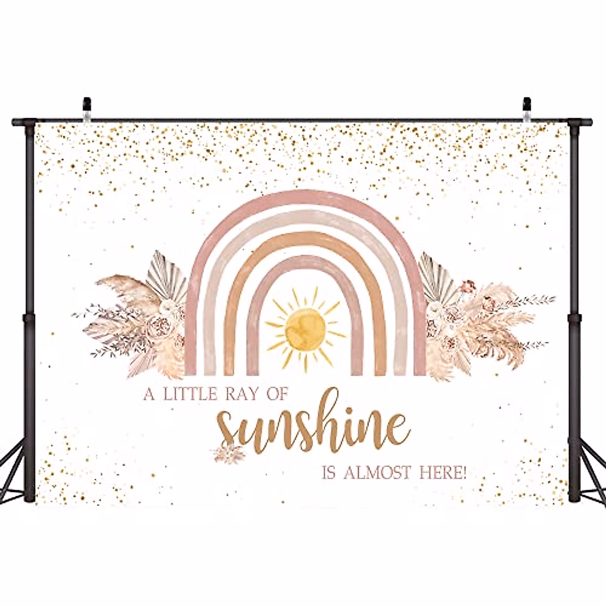 Ticuenicoa 7×5ft Boho Rainbow Baby Shower Backdrop A Little Ray of Sunshine is Almost Here Baby Shower Party Banner Wall Decorations Boho Pampas Glitter Dots Girls Baby Shower Background