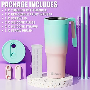 Fimibuke 40 oz Tumbler with Handle & Fruit Infuser, Stainless Steel Vacuum Insulated Cup with Lid & Straw, Water Infusion Bottle Cupholder Friendly Travel Mug Mothers Day Gifts for Mom Grandma Auntie