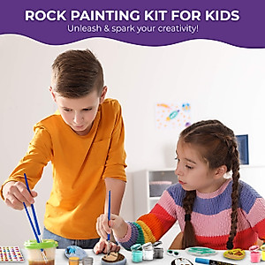 Brainy Shark Rock Painting Kit for Kids - Children's Arts and Crafts Set - 8 Rocks, 12 Paints, 4 Brushes, Googly Eyes, Metallic Paint Pen, Glitter Glue, Tattoo & Gem Stickers - Gift for Boys & Girls