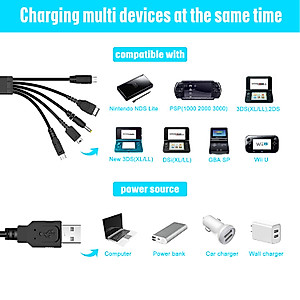 Xahpower 5 in 1 USB Charger Cable Cord for Nintendo NDS Lite/Wii U/New 3DS(XL/LL),3DS(XL/LL),2DS,DSi(XL/LL),NDS/GBA SP(Gameboy Advance sp),PSP 1000 2000 3000