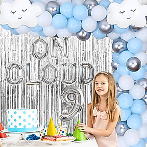 Fangleland On Cloud 9 Birthday Decorations for Girls, Baby Blue Balloons Garland Kit Fringe Curtains for Nine Year Old Girl, Bride On Cloud 9 Balloons for 9th Birthday Party Supplies
