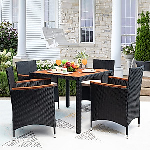 Devoko 5 PCS Furniture, Patio Conversation Set with Acacia Wood Top, Rattan Outdoor Dining Table and Chairs for Backyard, Garden, Deck, Black