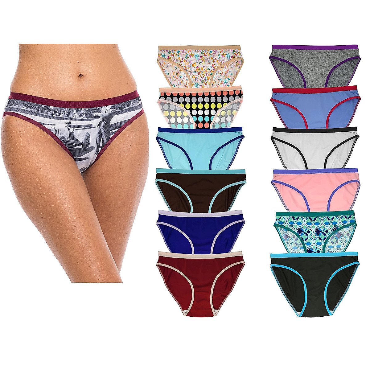 Sexy Basics Women’s 12 Pack Bikini Brief Panties | Ultra-Soft & Silky Nylon -Spandex Stretch Underwear