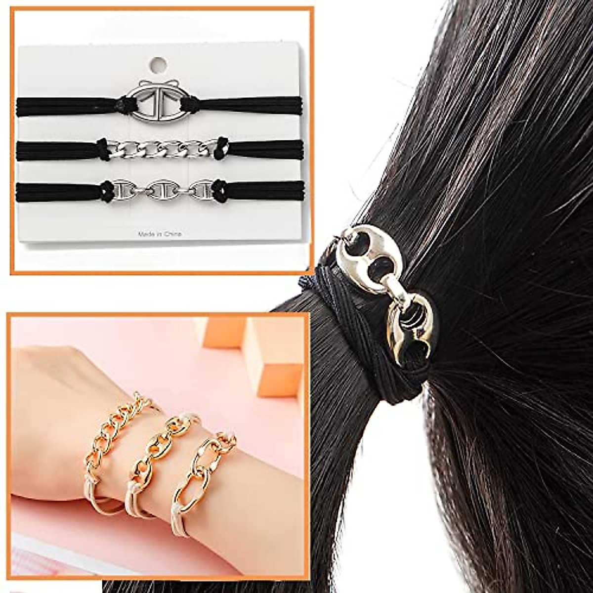 Bracelet Hair Ties With Gold Silvery and Beige Elastic,2 in 1 No Crease Hair Ponytails & Elastic,Looks Cute On Your Wrist And Great In Your Hair (3PCS, Black Silver new)