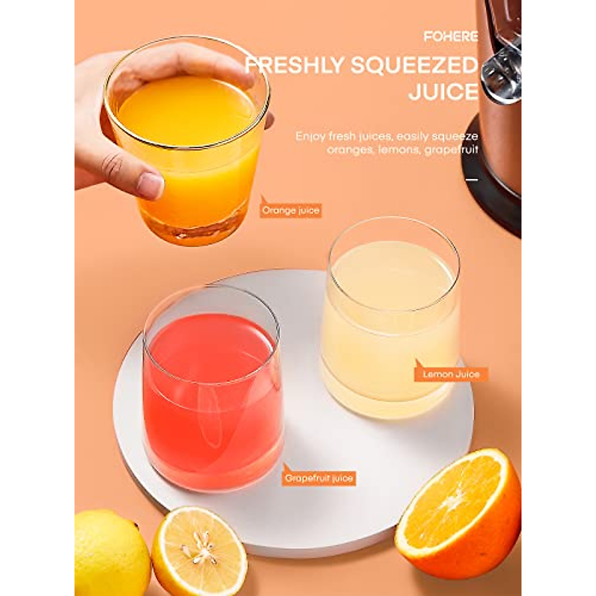 FOHERE Orange Juice Squeezer Electric Citrus Juicer with Two Interchangeable Cones Suitable for orange, lemon and Grapefruit, Brushed Stainless Steel