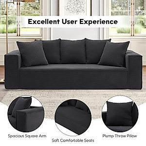 SumKea 3 Seater Sofa with 5 Pillows, Modern Minimalist Couch for Living Room, 89'’ Oversized Sofa with Extra Deep Seats, Vegan Corduroy Couch, Black