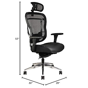 Oak Hollow Furniture Aloria Series Office Chair Ergonomic Executive Computer Chair Genuine Leather Seat Cushion, Mesh Back Adjustable Lumbar Support Swivel Tilt High-Back (Black, Tall, Headrest)