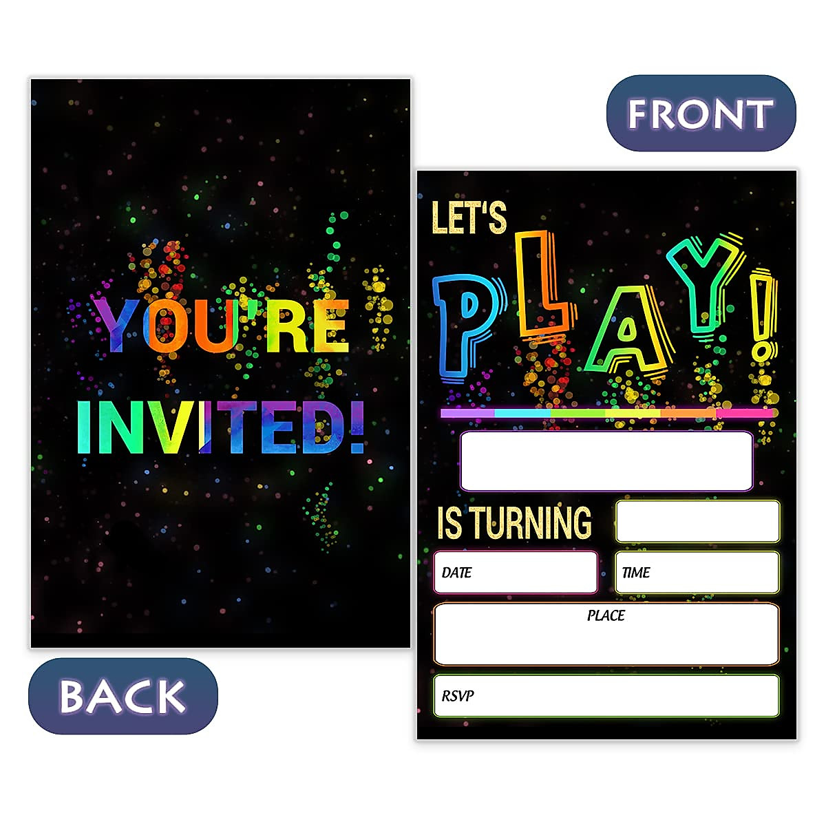 SHLINCO Glow Let's Play birthday party invitations for boys girls, Neon Party Invites for kids, Double Sided Design(20 Cards + Envelopes)