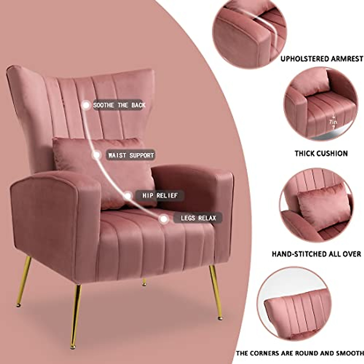 WQSLHX Living Room Chairs Set of 2 with Lumbar Pillow, Velvet Accent Chair with High Back Mid Century Armchair for Bedroom with Armrest, Arm Chair with Golden Metal Legs, Pink