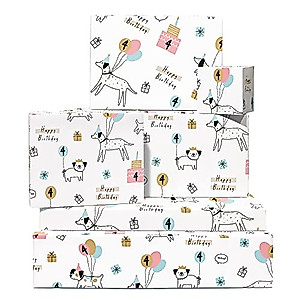 CENTRAL 23 4th Birthday Wrapping Paper for Kids - 6 Sheets of White Gift Wrap with Tags - Age Four - Dogs Cake Present Balloon - Animal Wrapping Paper Sheet for Kids Boys Girls - Son Daughter