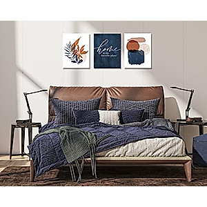 Pigort Framed Blue Canvas Wall Art Set Abstract Botanical Tropical Plants Picture Wall Decor for Living Room Bedroom Bathroom Office (11'' x 14'' x 3 Panel)