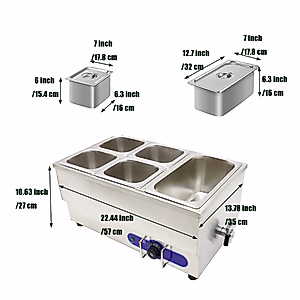 110V 5-Pan Commercial Food Warmer, 304 Stainless Steel Bain Marie Buffet Food Warmer, 1500W Electric Steam Table, 6inch Deep Adjustable Temp, for Restaurants, Catering and Parties