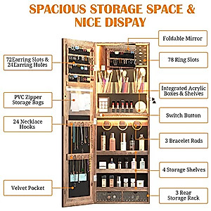 Vlsrka Mirror Jewelry Cabinet with 3 LED Lights, Wall/Door Mounted Jewelry Armoire Organizer with Full Length Mirror Large Capacity Storage Hanging Cabinet, Built-in Lighted & Movable Makeup Mirror