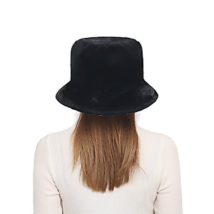 Rulala Fancy Women's Faux Fur Bucket Hats Fluffy Winter Warm Ladie's Unique Printed Fisherman Cap(Black)