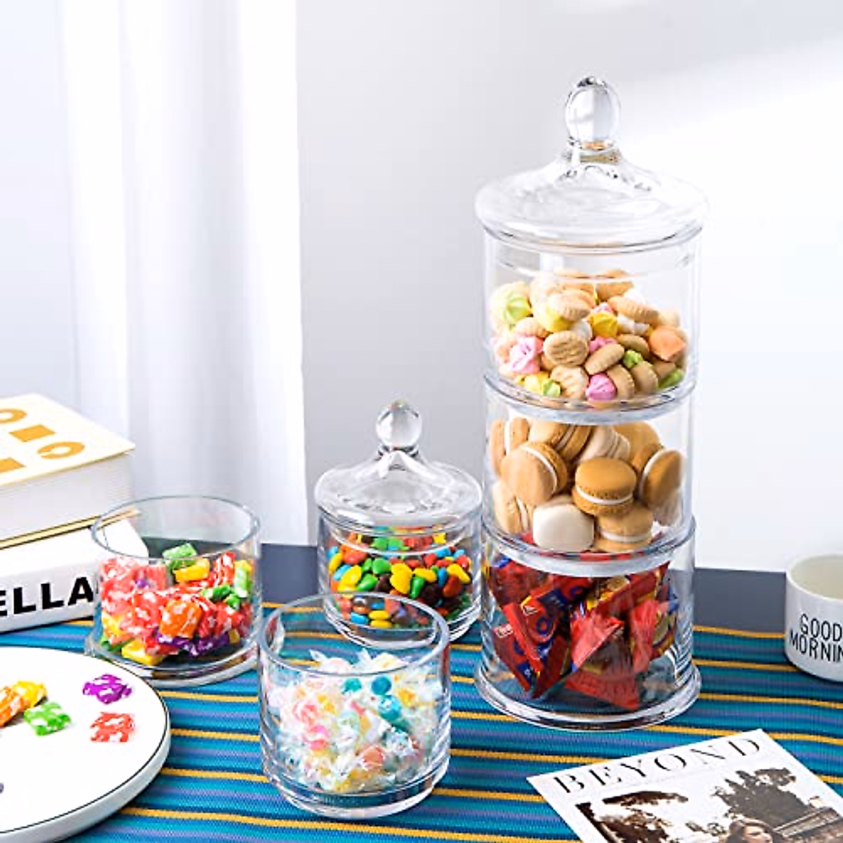 Diamond Star 12" 3 Tier Decorative Round Glass Storage Jars with Lids, Decorative Round Stackable Snack Storage Canister with Lid for Sweets, Animal Treats, Dry Foods, Fruit, Nuts, Coffee Bean and Building Blocks