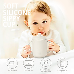 Sili Silicone Sippy Cup For Toddlers/Babies with Attached Lid and Handles, Spill-Proof Spout, BPA Free, Dishwasher Safe/Microwave Safe (Oat Milk)