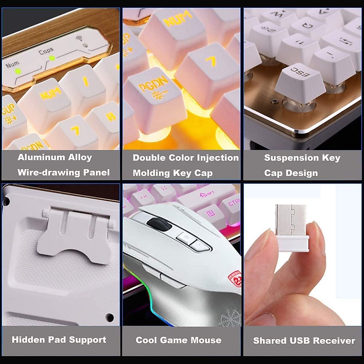 Rechargeable Keyboard and Mouse,Suspended Keycap Mechanical Feel Backlit Gaming Keyboard Mouse Set-Wireless 2.4G Drive Free,Adjustable Breathing Lamp,Anti-ghosting,12 Multimedia Keys (White-Combo)