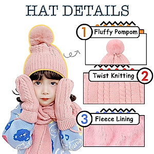 Kids Winter Hat Scarf Mittens Set Toddler Knitted Beanie Girls Fleece Children Neck Warmer Boys Warm Gloves 2-7 Years (Light Pink)