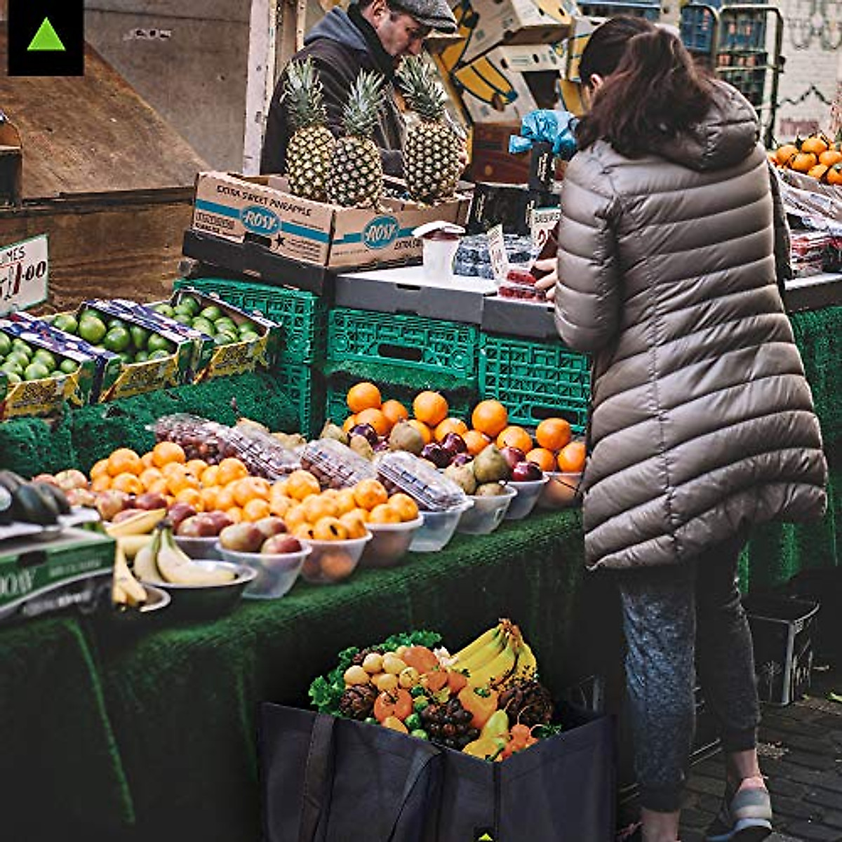 Reusable Grocery Bags Heavy Duty - 5 Pack Extra Large Collapsible Market Totes with Handles, Strong Washable Cloth Fabric Foldable Shopping Bags with Rigid Plastic Bottom for Produce, Food - 15x9.5x13