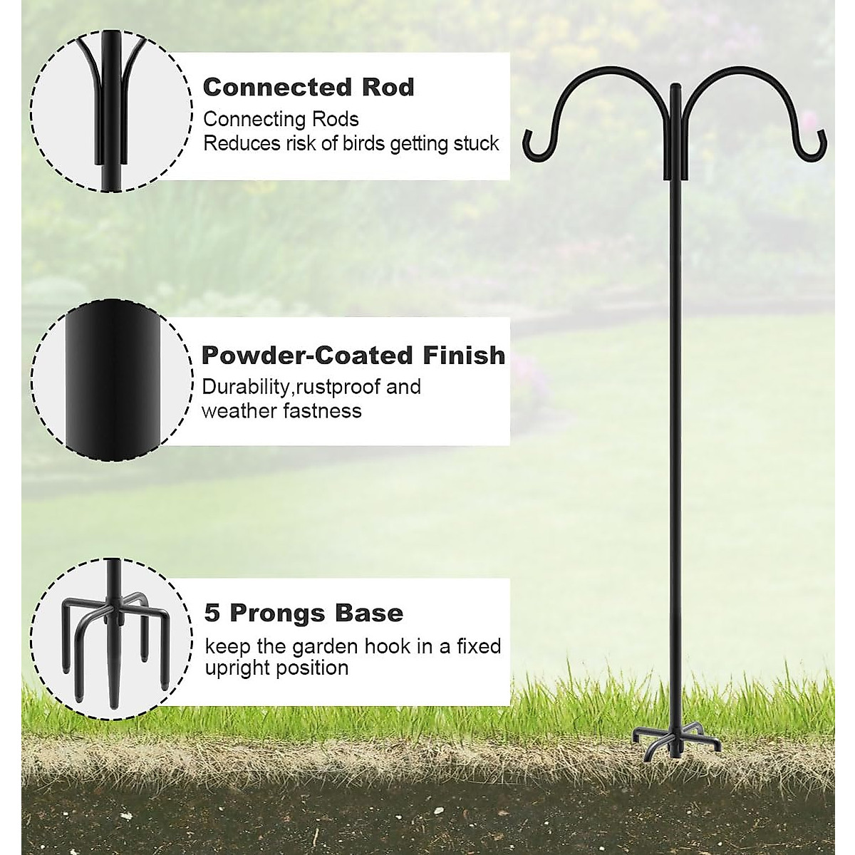 Artibear Double Shepherd Hooks for Outdoor, 76" Heavy Duty Bird Feeder Hangers Garden Hooks with 5-Prong Base, Outside Hanging Pole for Plant Baskets, Solar Light Lanterns, Wind Chimes, 1 Pack