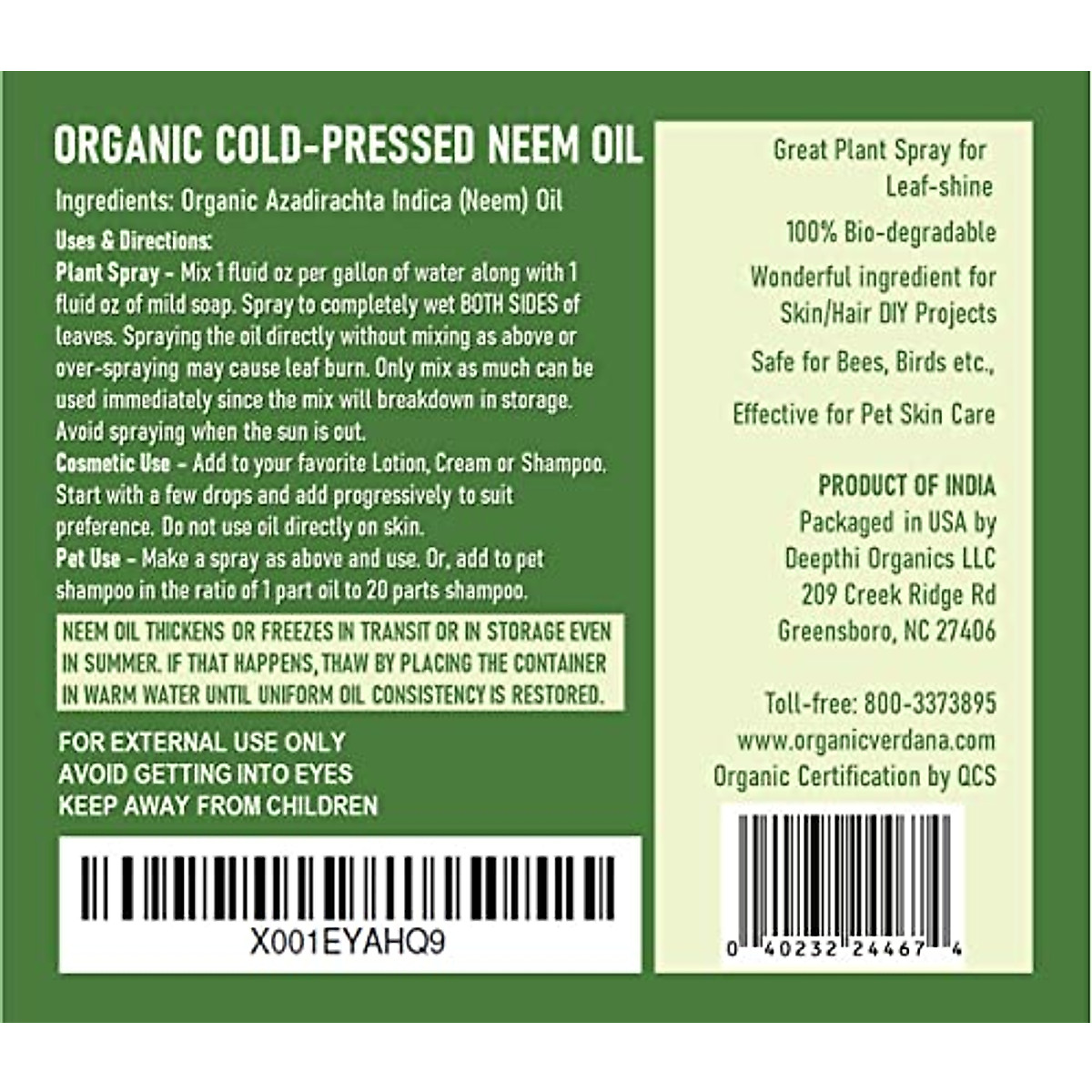 Verdana Organic Cold Pressed Neem Oil for Plants - 32 Fl. Oz - Non GMO - Unrefined, Filtered - High Azadirachtin - Pure Neem Oil, Nothing Added or Removed - Leafshine Spray, Pet Care, Skin & Hair Care