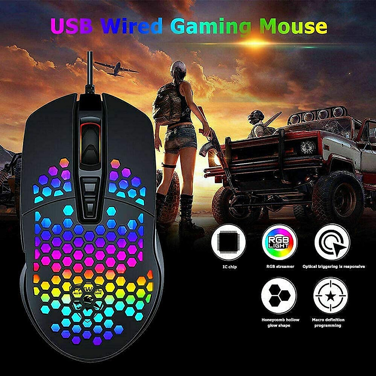 Wired Gaming Keyboard and Sets 87 Keys Rainbow Backlit Mechanical Keyboard ,RGB Backlit 6400 DPI Lightweight Gaming Mouse, Mouse Pad (Black)