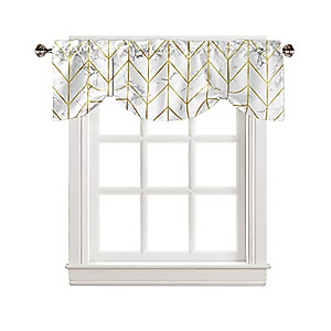 Tie Up Curtain Valance for Kitchen,White Marble Gold Stripes Geometric Window Valances Adjustable Tie-up Shade Valance,Abstract Herringbone Chevron Zigzag Rod Pocket Short Curtains Bathroom 42x18in