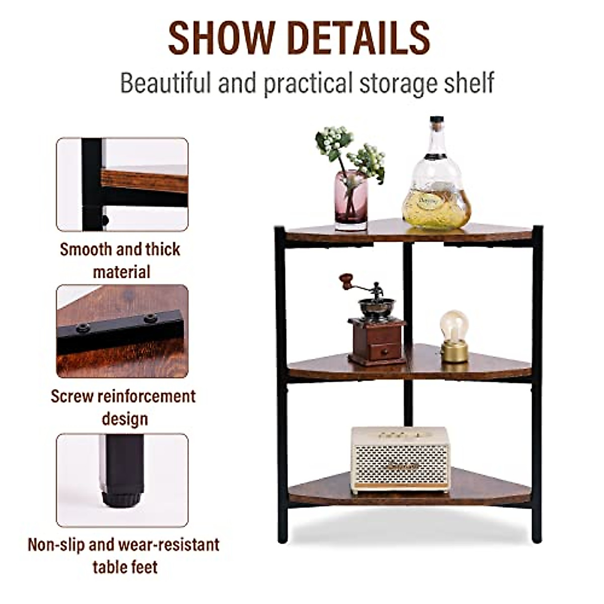 Tiita Corner Shelf, 3 Tier Corner Bookshelf Bookcase, Display Rack Shelf with Metal Frame, Industrial Corner Ladder Shelf Plant Shelf for Living Room, Home, Office, Kitchen