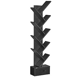 MAHANCRIS Tree Bookshelf, 9-Tier Bookshelf with Drawer, Wooden Book Storage Rack, Floor Standing Bookcase, Utility Organizer Shelves for CDs/Books/Movies, for Living Room, Home Office, Black BKB7101