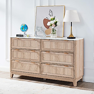 6 Drawers Dresser for Bedroom, 54" Large Storage Dresser, Farmhouse Wood Dressers with Faux Marble Top, Modern Dressers & Chests of Drawers for Living Room Entryway, Fluted Curved Profile, Natural Oak