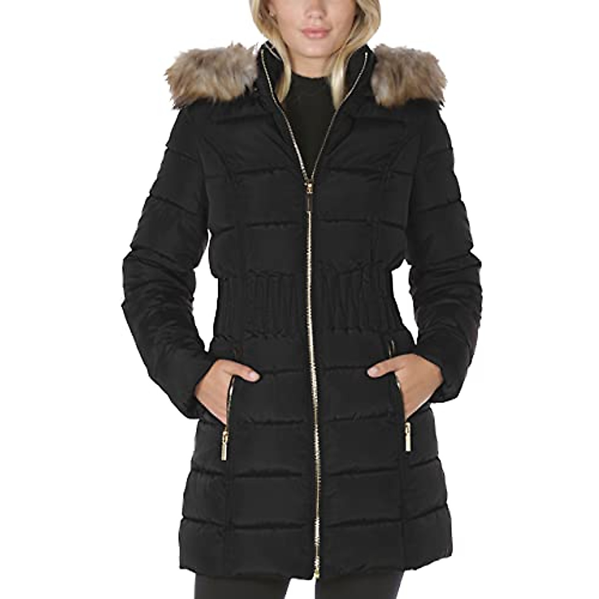 Laundry By Shelli Segal Women's 3/4 Puffer Jacket with Zig Zag Cinched Waist and Faux Fur Trim Hood, Black (2016), X-Small