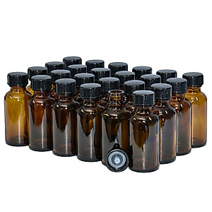 GlassBottleOutlet (24 Pack) 1 oz. Amber Boston Round with Black Poly Cone Cap