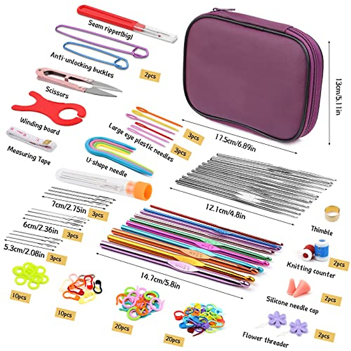 IMZAY 110 Pcs Crochet Hooks Set, Crochet Kit Crochet Hooks Kit with Storage Case, Ergonomic Knitting Needles Blunt Needles Stitch Marker DIY Hand Knitting Craft Art Tools for Beginners-Purple