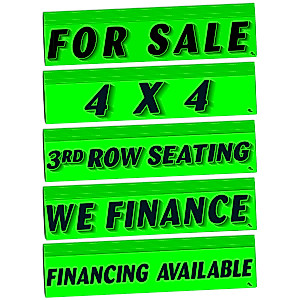 Versa Tags Windshield Slogan Stickers 12 Pack Each of for Sale, 4X4, 3RD Row Seating, WE Finance, FINANCING Available (60) Window Stickers Total Dealership Stickers Black On Green
