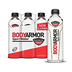 BODYARMOR SportWater Alkaline Water, Superior Hydration, High Alkaline Water pH 9+, Electrolytes, Perfect for your Active Lifestyle, 1 Liter (Pack of 6)
