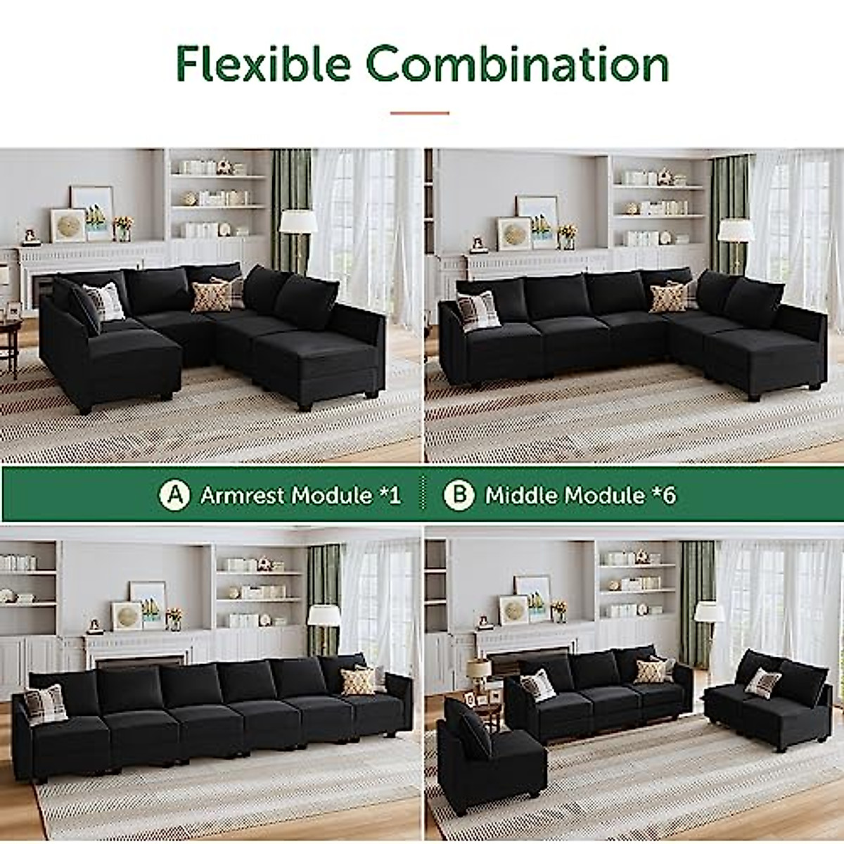 HONBAY Convertible Sectional Sofa Velvet U Shaped Couch with Reversible Chaise Modular Sectional Couch 6 Seater Sofa with Storage Seat, Black