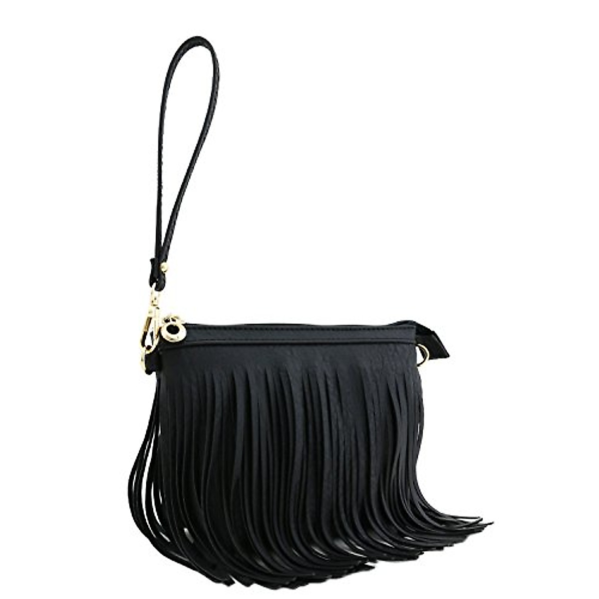FashionPuzzle Small Fringe Crossbody Bag with Wrist Strap (Black)